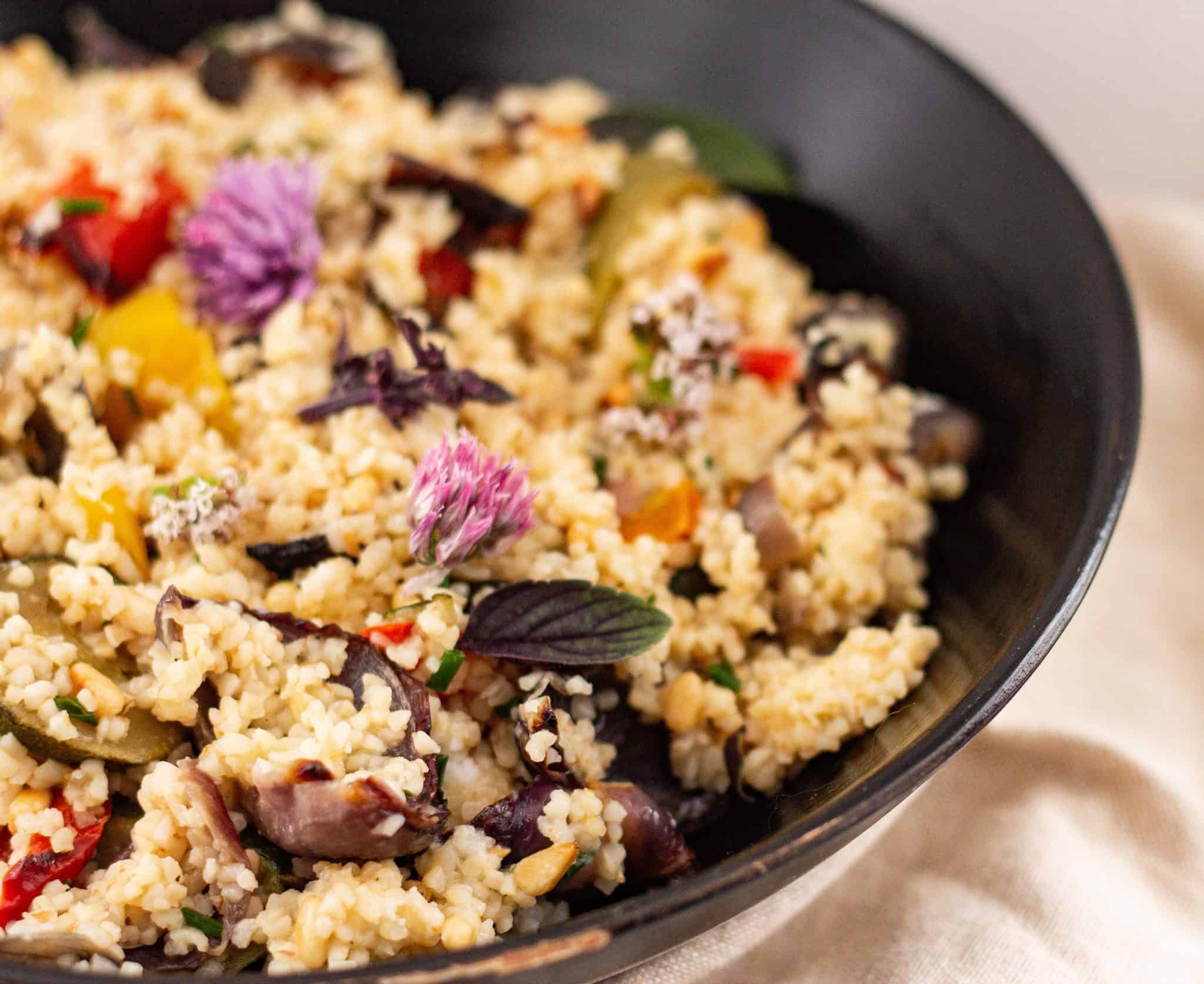 Easy Vegan Bulgur Wheat and Roast Vegetable Recipe | Sweeter Than Oats